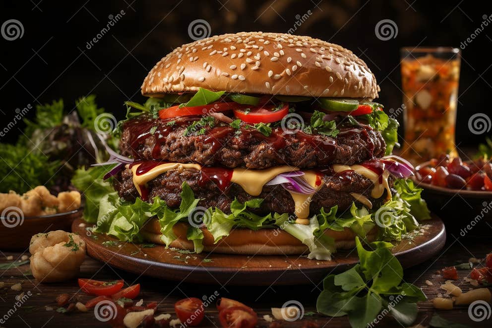 Close Up of a Scrumptious Burger in a Cozy Interior Setting during ...