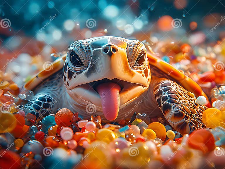 Close-up of a Sea Turtle Underwater, Surrounded by Multicolor ...