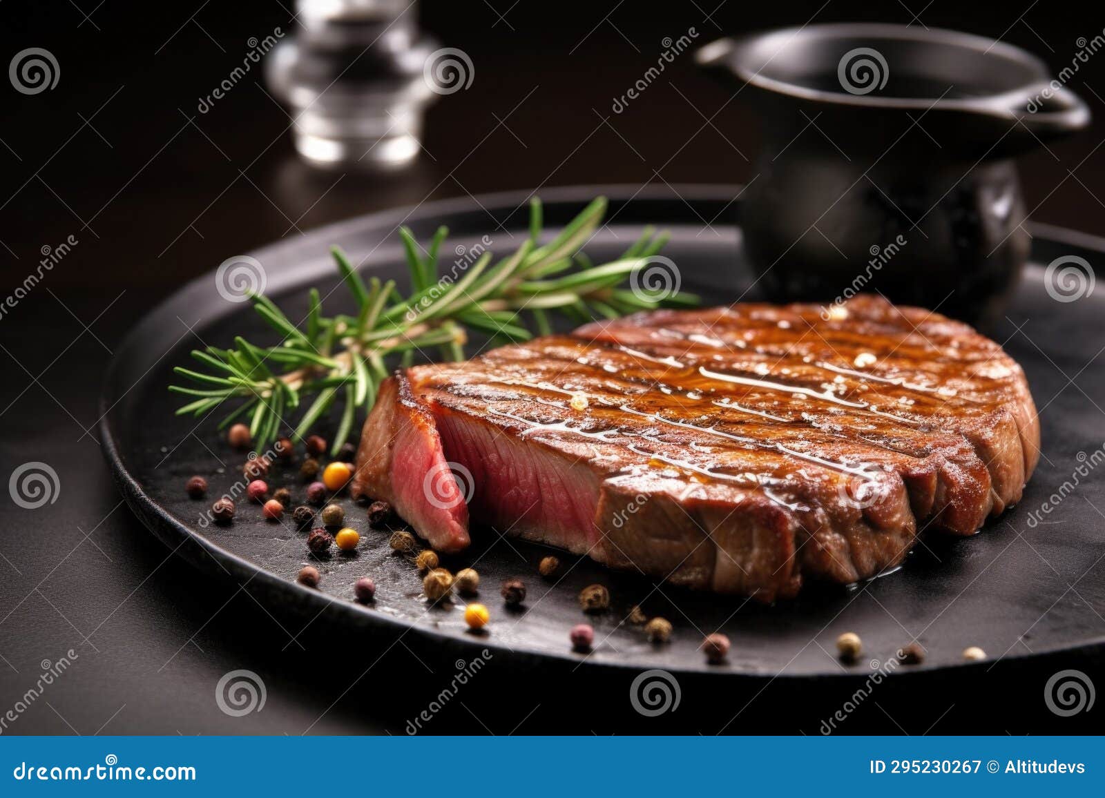 Close-up of Seared Rib-eye Steak on a Black Ceramic Plate Stock Image ...