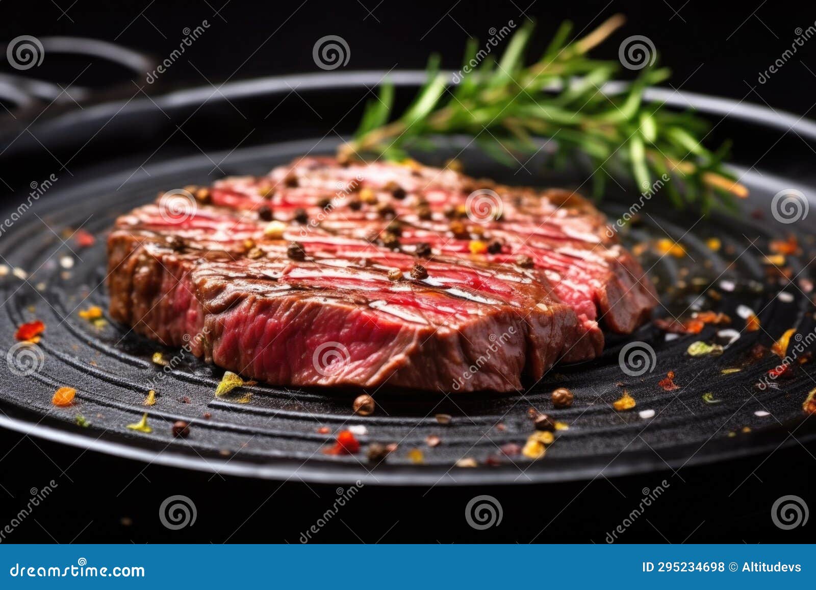 Close-up of Seared Rib-eye Steak on a Black Ceramic Plate Stock Photo ...
