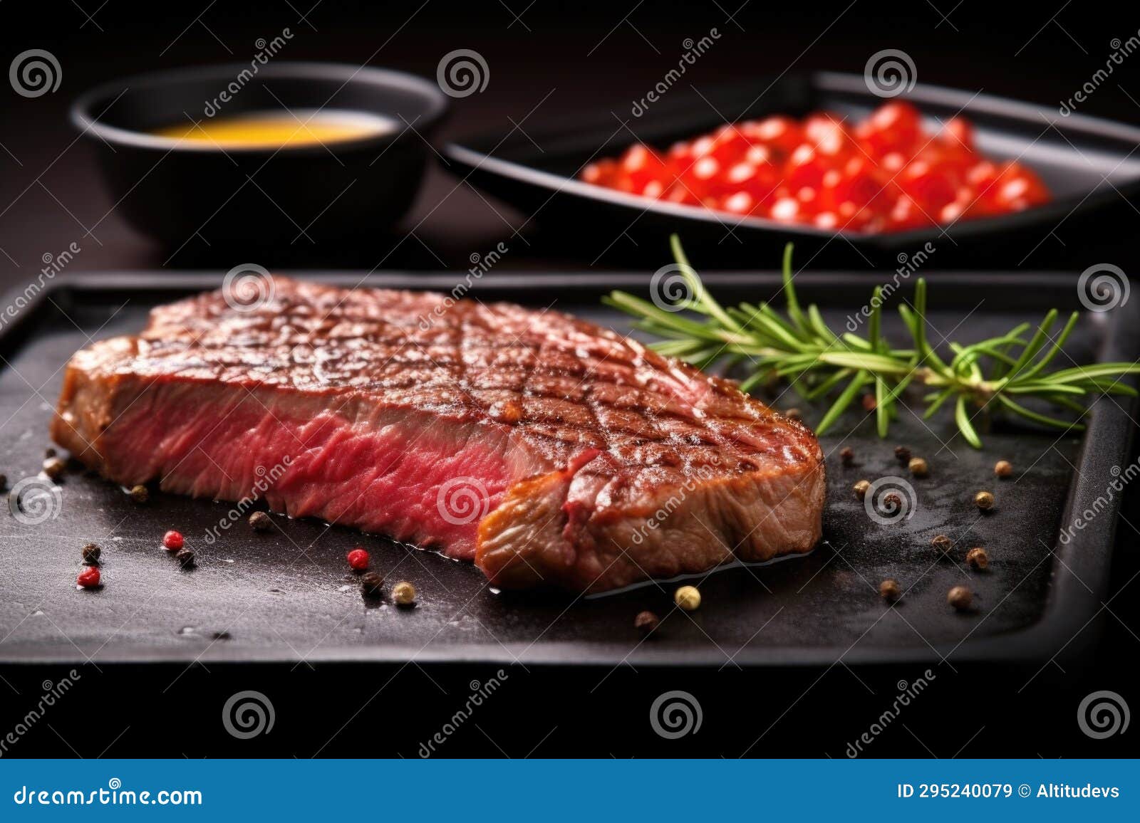 Close-up of Seared Rib-eye Steak on a Black Ceramic Plate Stock Image ...