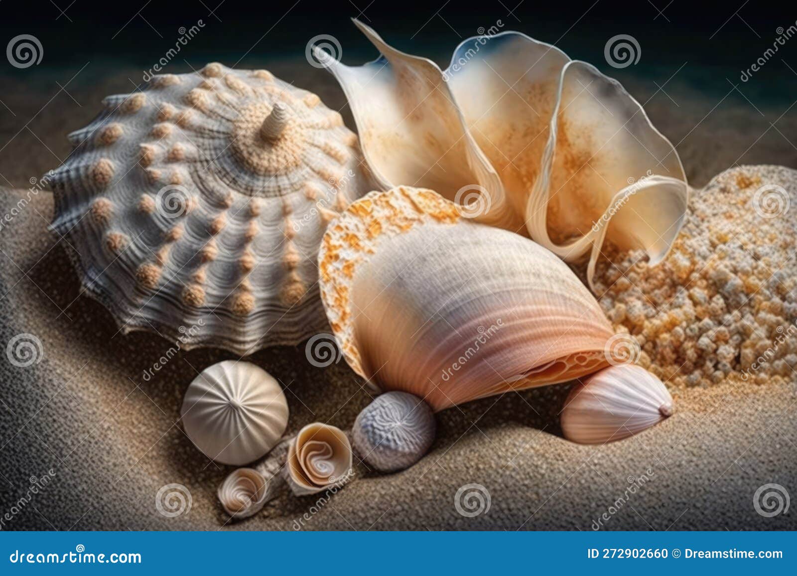 Close Up of Seashells in Sand on Beach by Sea, Created Using Generative ...
