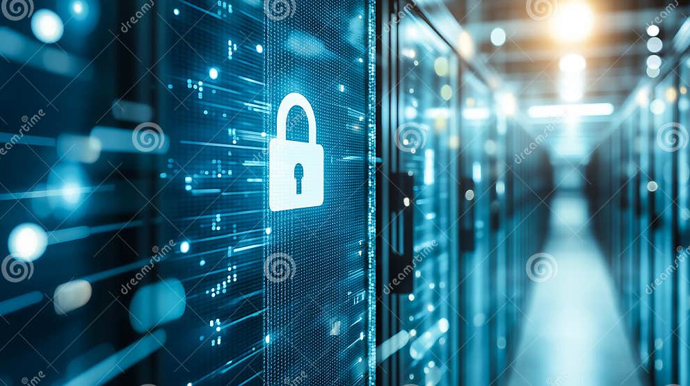 A Close-up of a Secure Data Center with Digital Locks Symbolizing ...