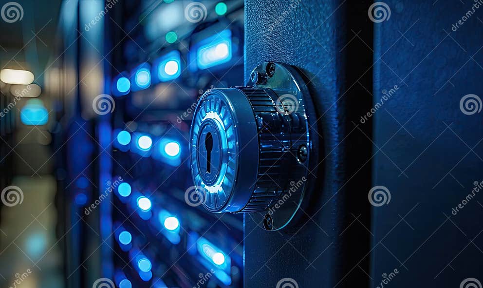 Close-up of a Secure Server Room with Bright Blue LED Lights ...