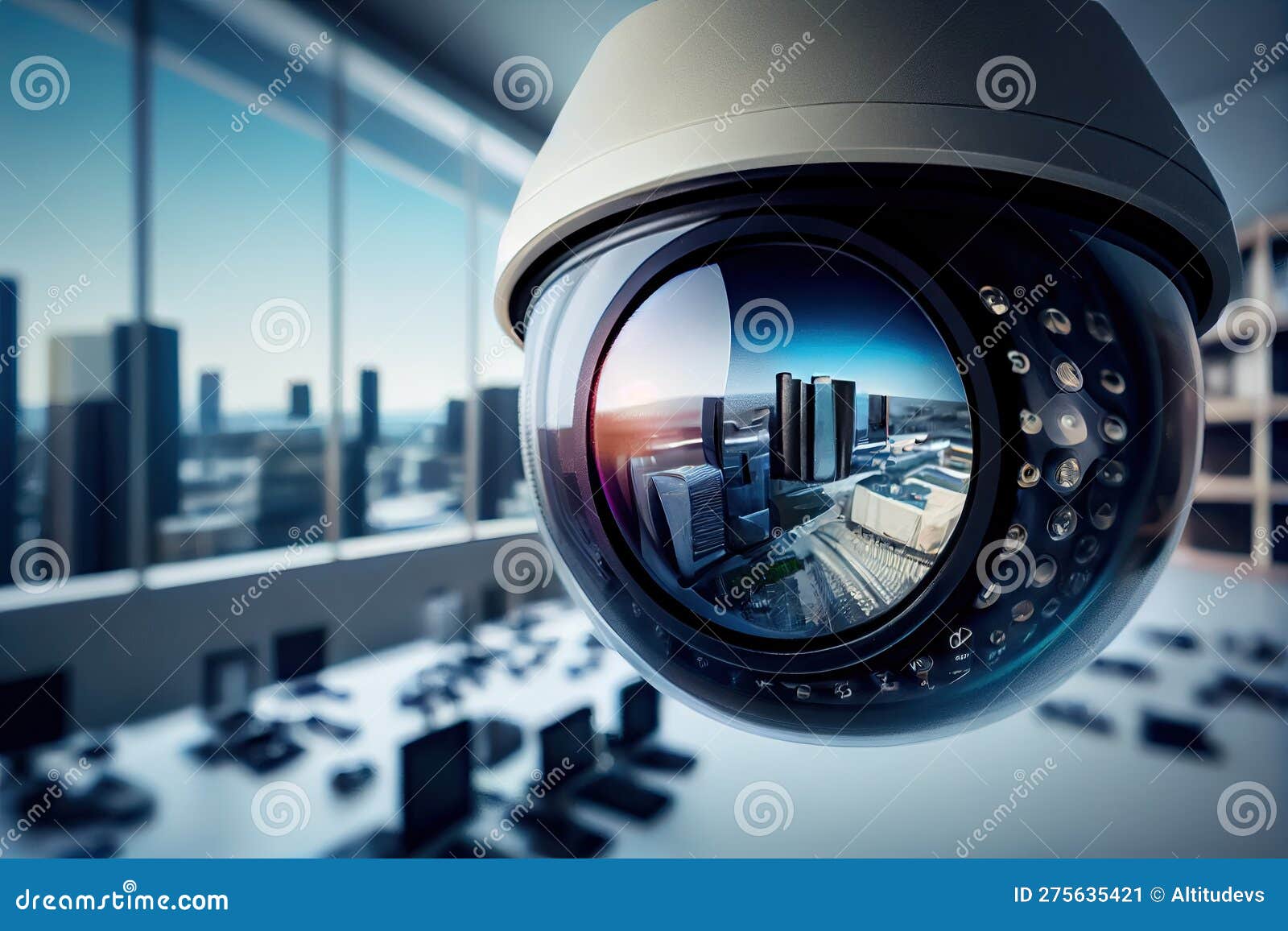Close-up of Security Camera Lens, with View of Busy Office in the ...