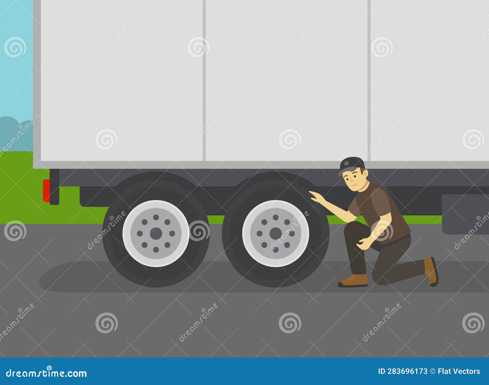 Close-up of Semi-trailer Driver Checking the Tires. Maintain and ...