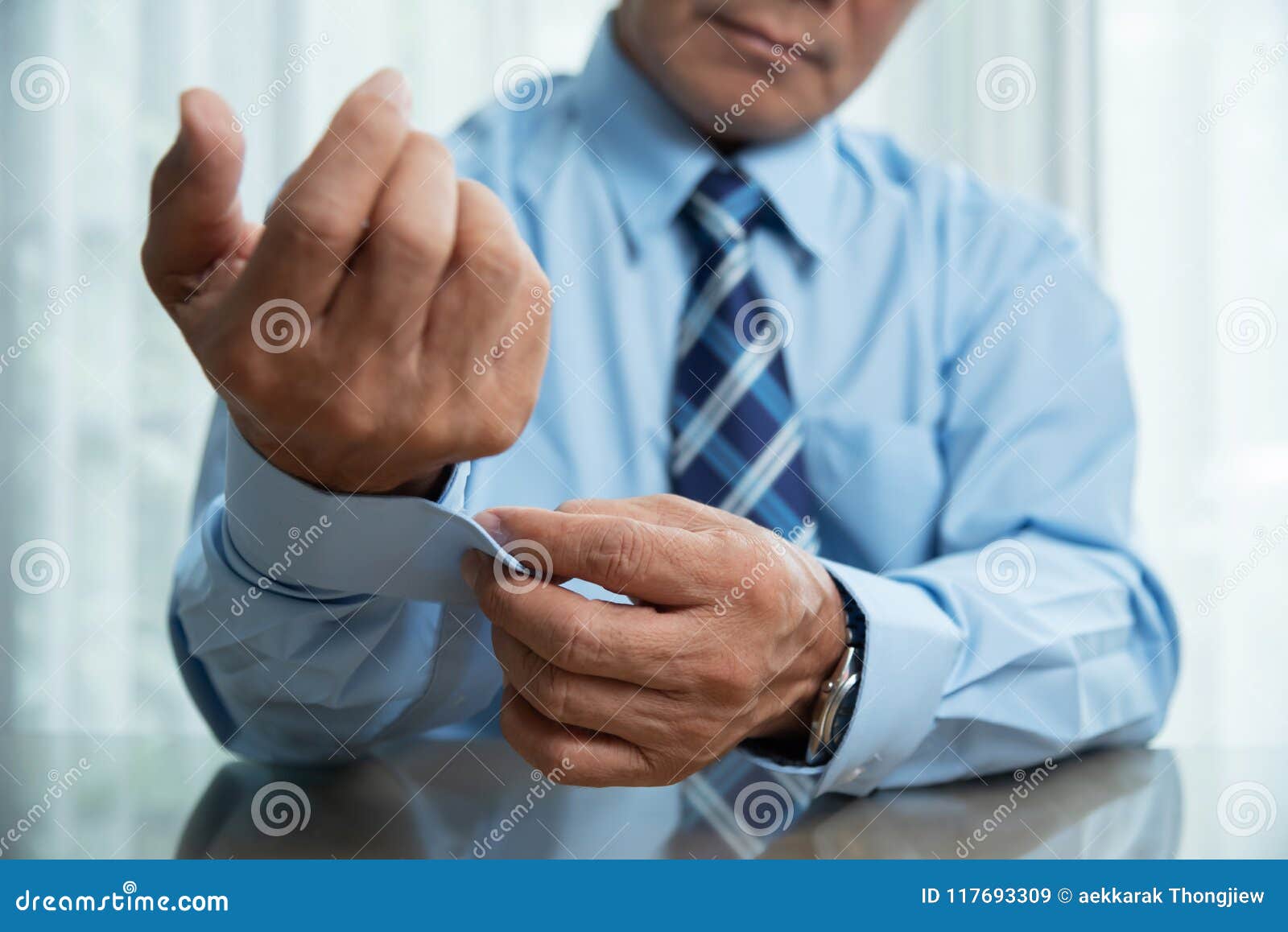 Senior Man in Blue Shirt Getting Ready for Work. Stock Image - Image of ...