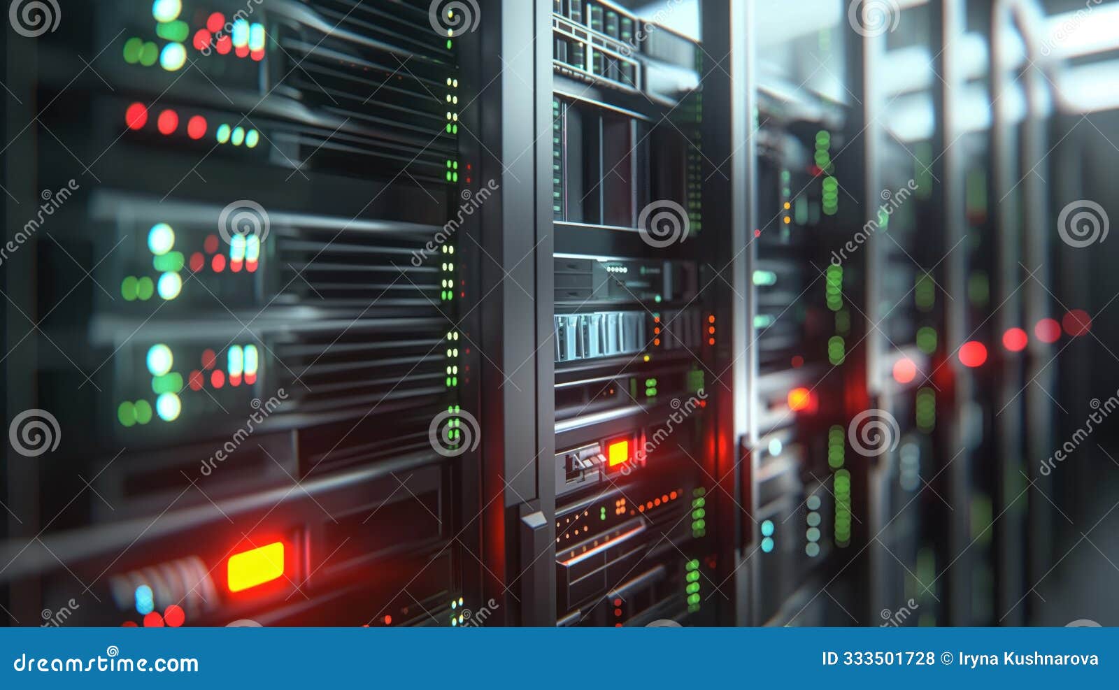 Close-up of Server Equipment in Data Center with Flickering Light ...