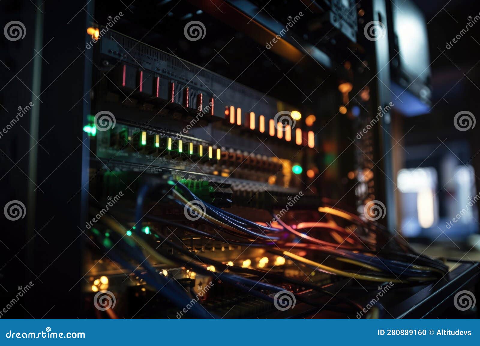 Close-up of Server Rack with Blinking Lights, Cables, and Hardware Visible Stock Illustration ...