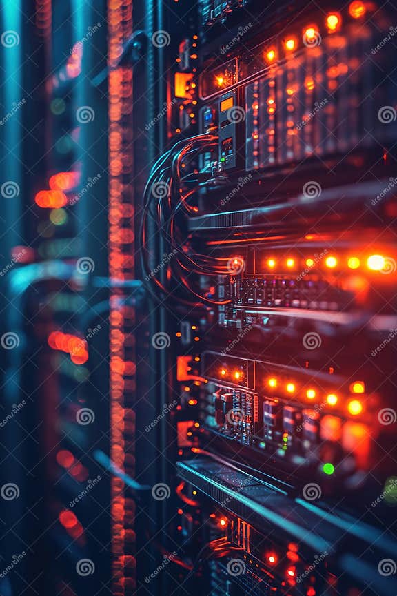 High-Tech Data Center Server Rack with Flashing LED Lights and ...