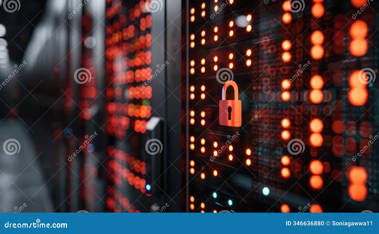 A Close-up of a Server Rack with Illuminated Indicators and a Padlock ...