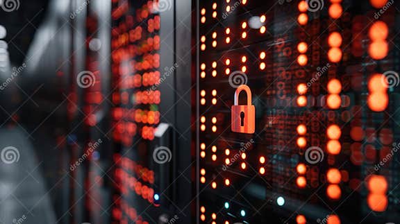 A Close-up of a Server Rack with Illuminated Indicators and a Padlock ...