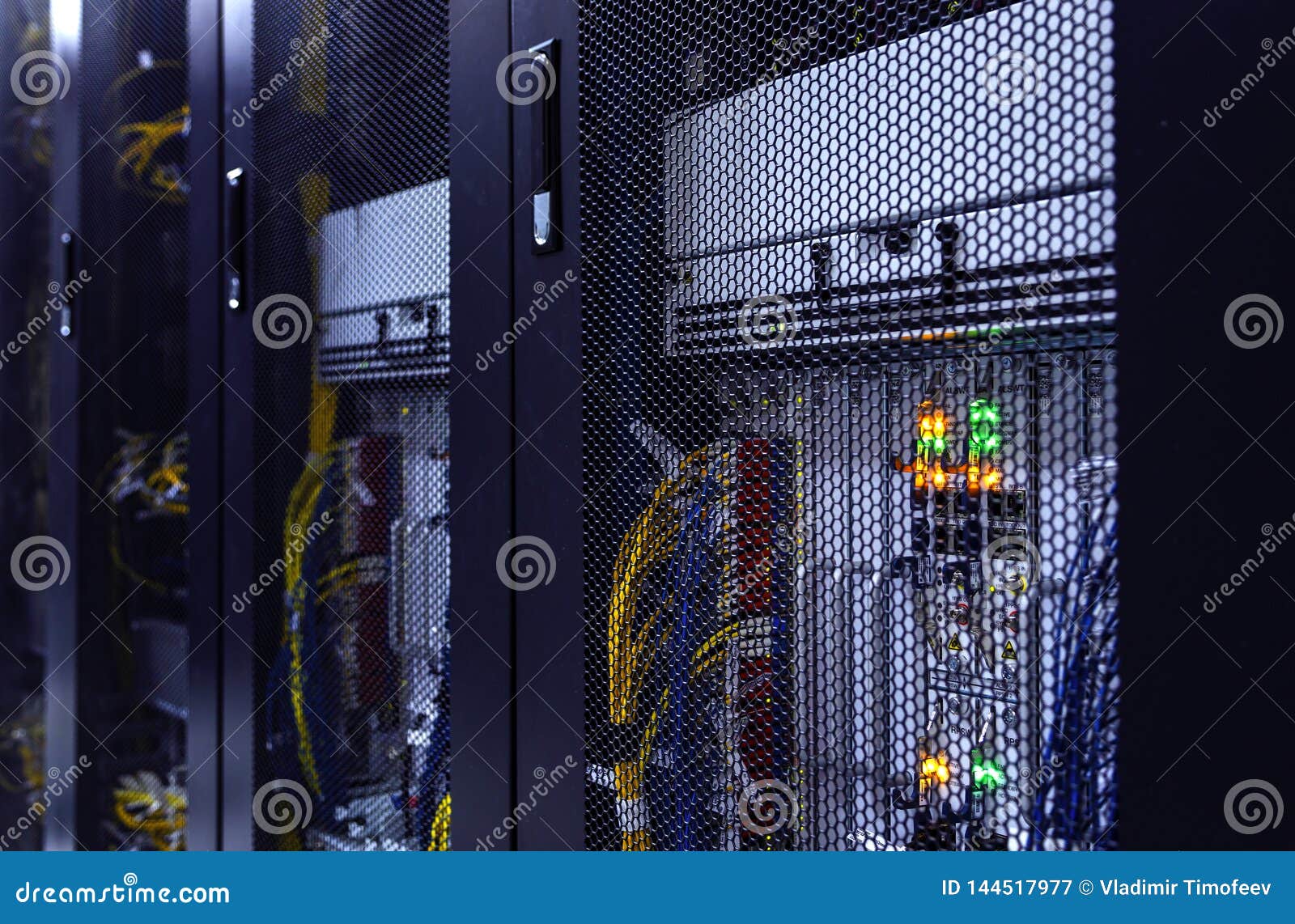 Close Up Server Rack with LED Indicator Inside Under Meshed Door ...