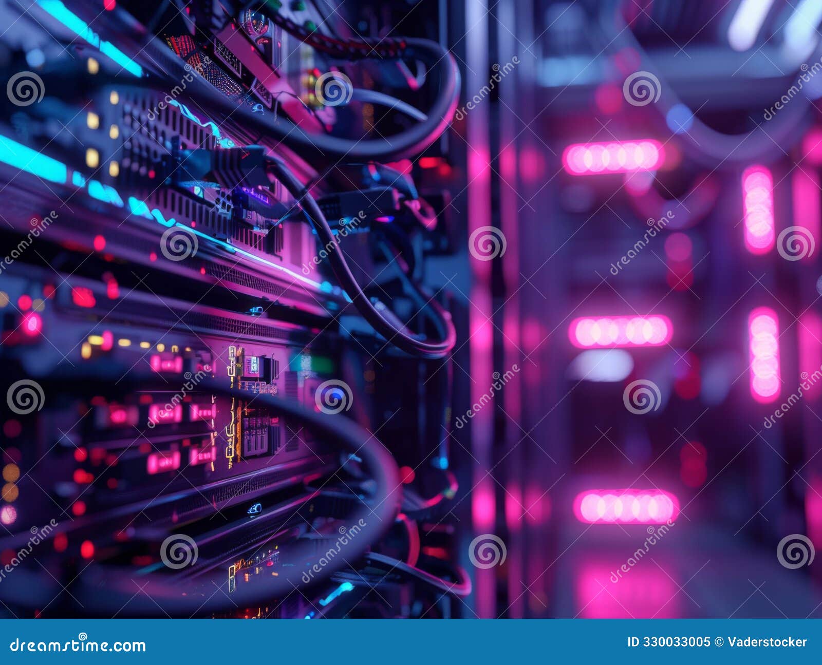 Close-up of a Server Rack with Pink and Blue Lights in a Data Center ...