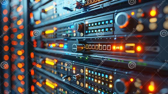 Close-up of Server Racks with Illuminated Indicators and Controls ...