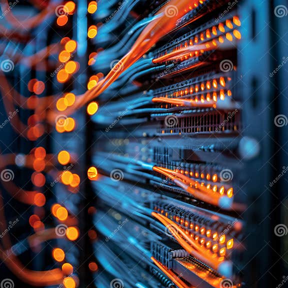 Close-up of Server Racks with Orange Cables and Glowing Lights Stock ...