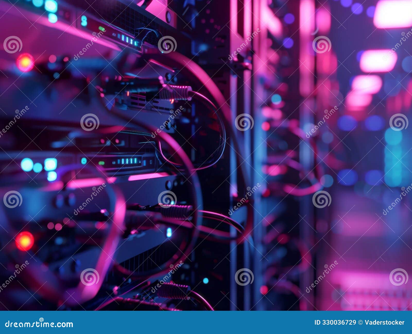 Close-up of Server Racks with Wires and Neon Lights Stock Illustration ...