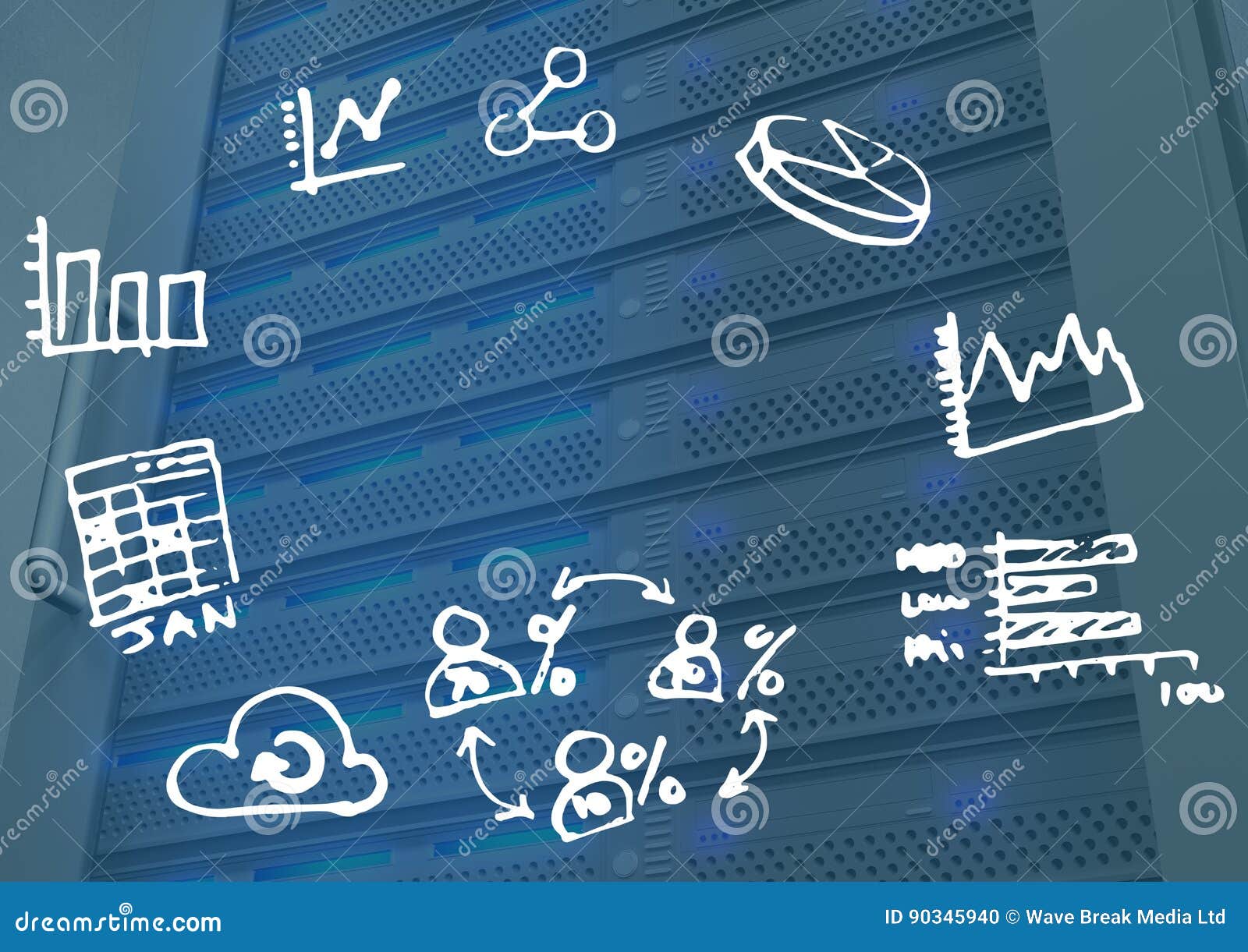 Close Up of Server with White Business Doodles and Blue Overlay Stock ...