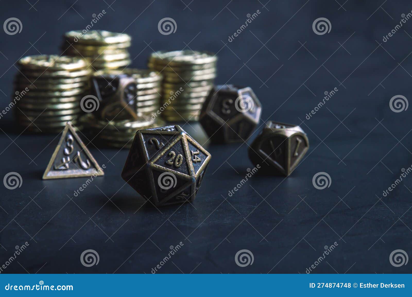 Close-up of a Set of RPG Dice and Coins Stock Photo - Image of ...