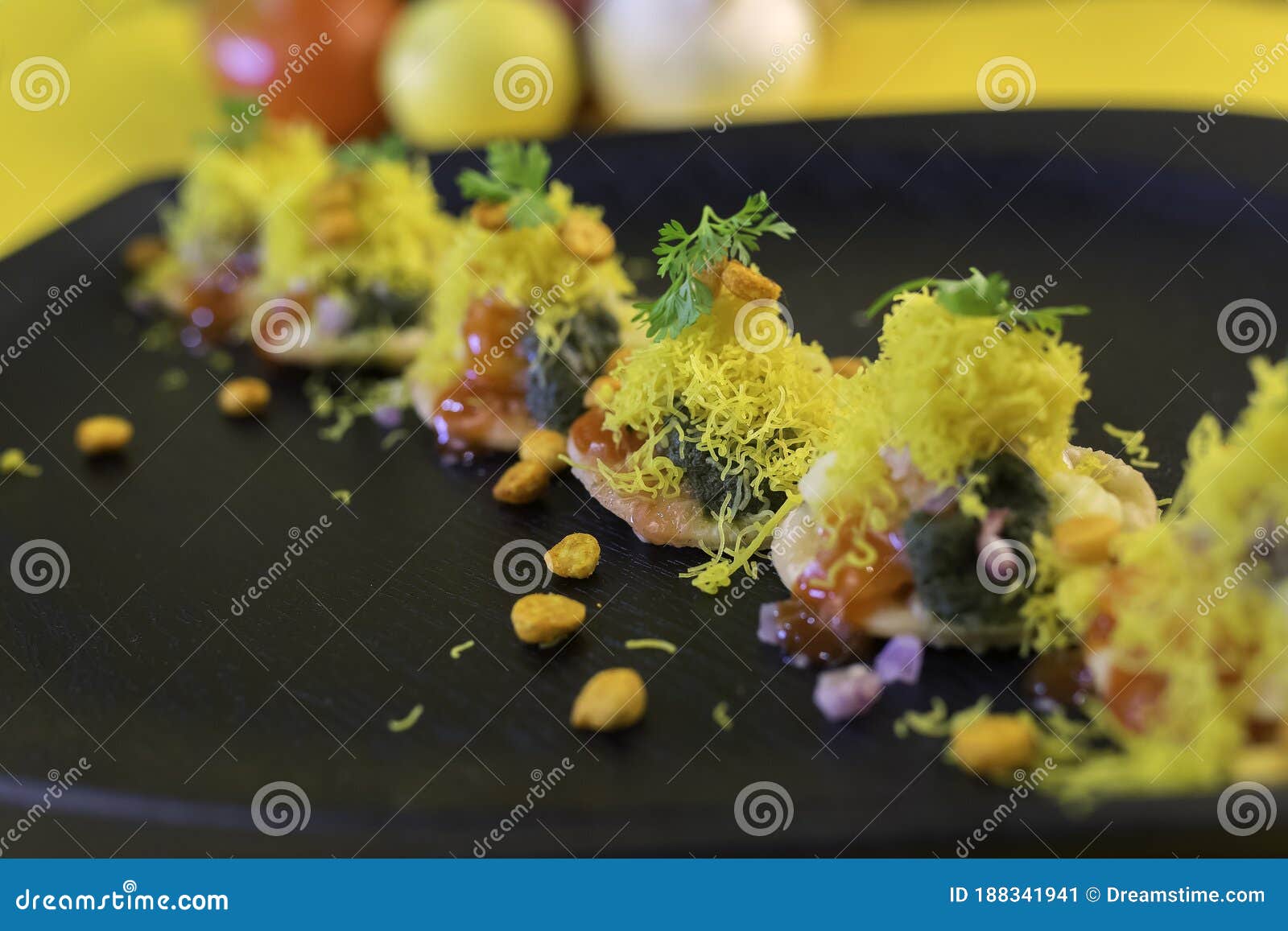 Close Up of a Sev Puri, Indian Chat Dish Served on Dish Stock Image ...