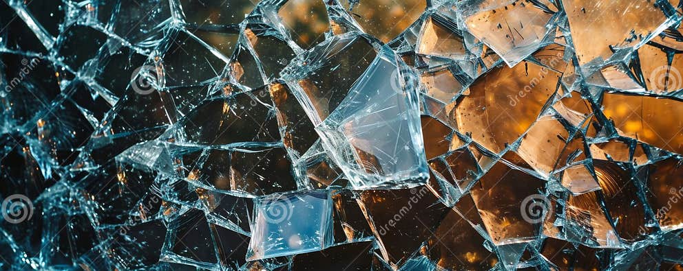 Close-up of Shattered Glass with Reflections, Broken Pieces Creating ...