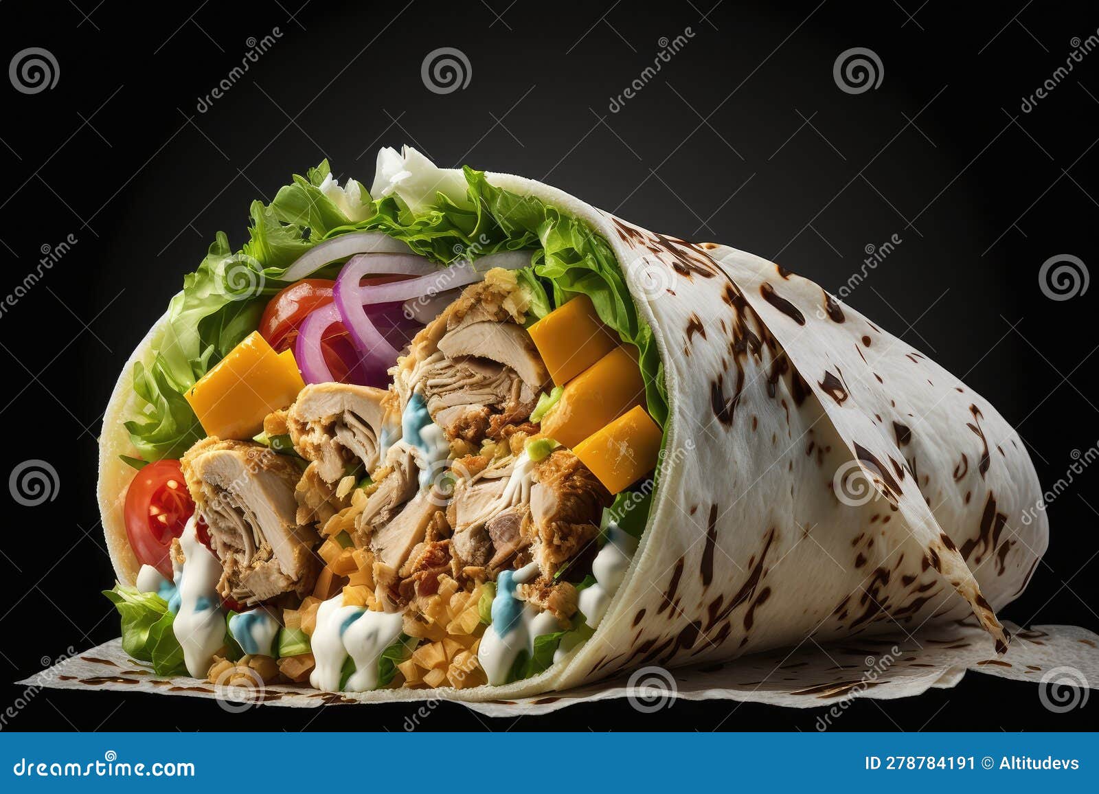 Close-up of Shawarma Wrap, with Juicy Chicken and Toppings Visible ...