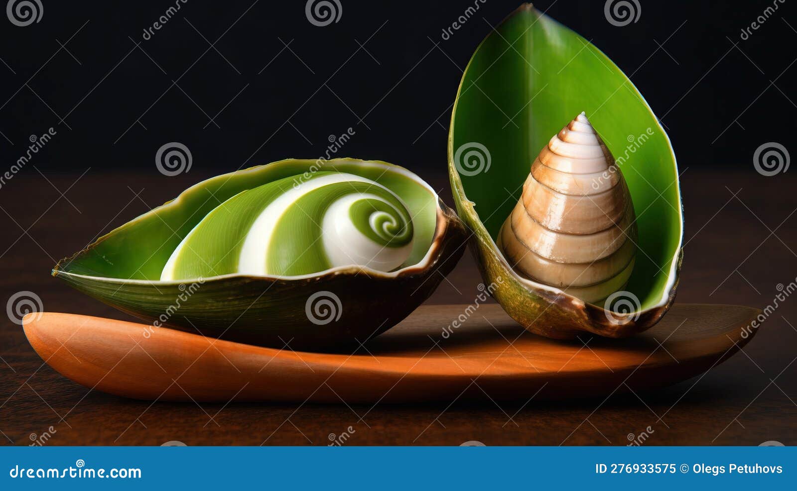 A Close Up of a Shell on a Wooden Plate with a Green Leaf on Top of the ...