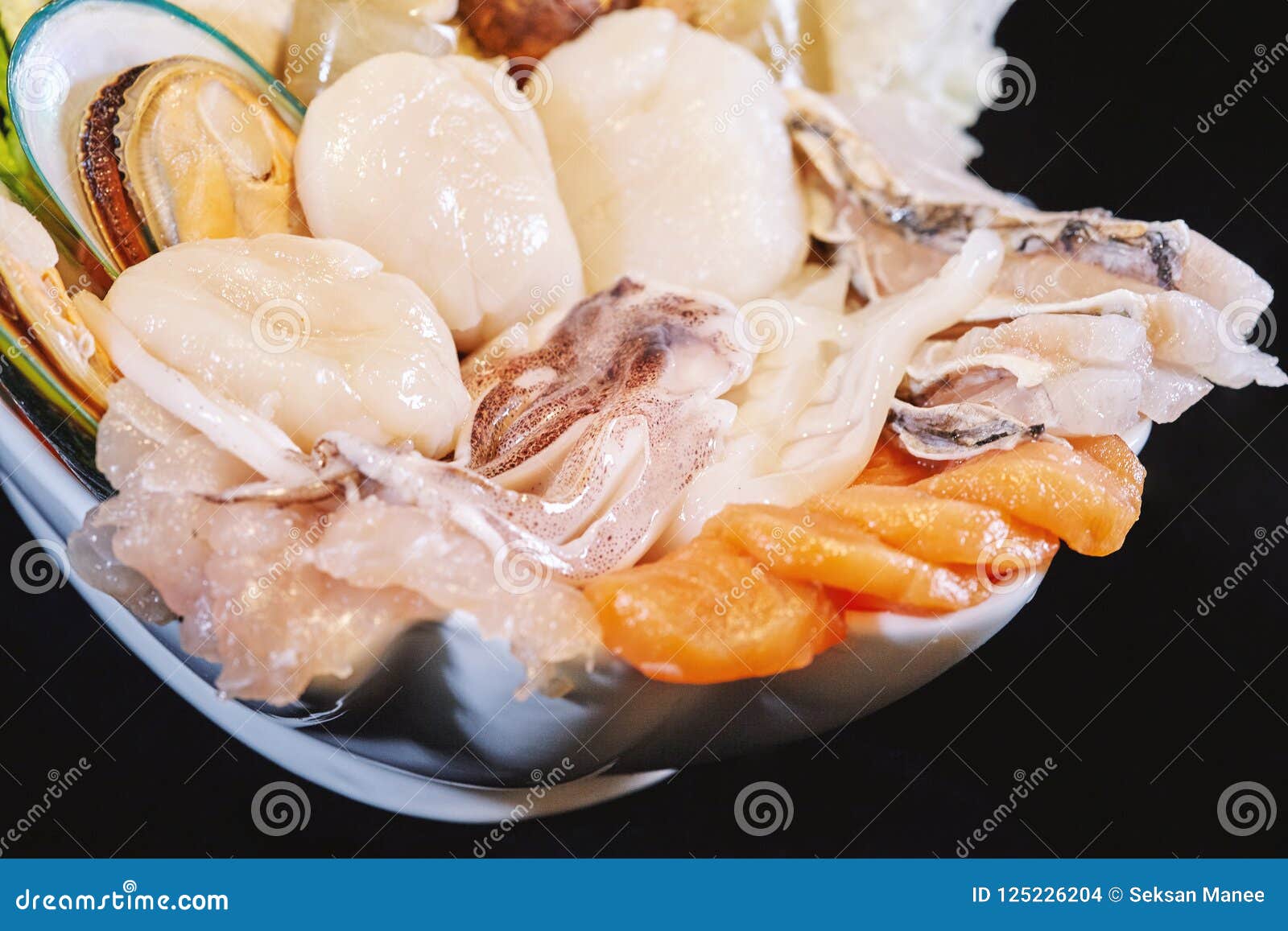 Close-up Shellfishes and Squids of the Mixed Set of Seafood Stock Photo ...
