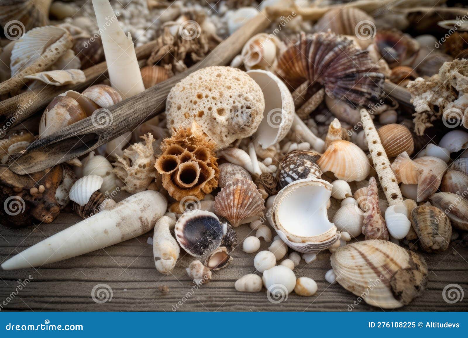 Close-up of Shells, Driftwood and Other Beachcombing Treasures Stock Image - Image of seaside ...