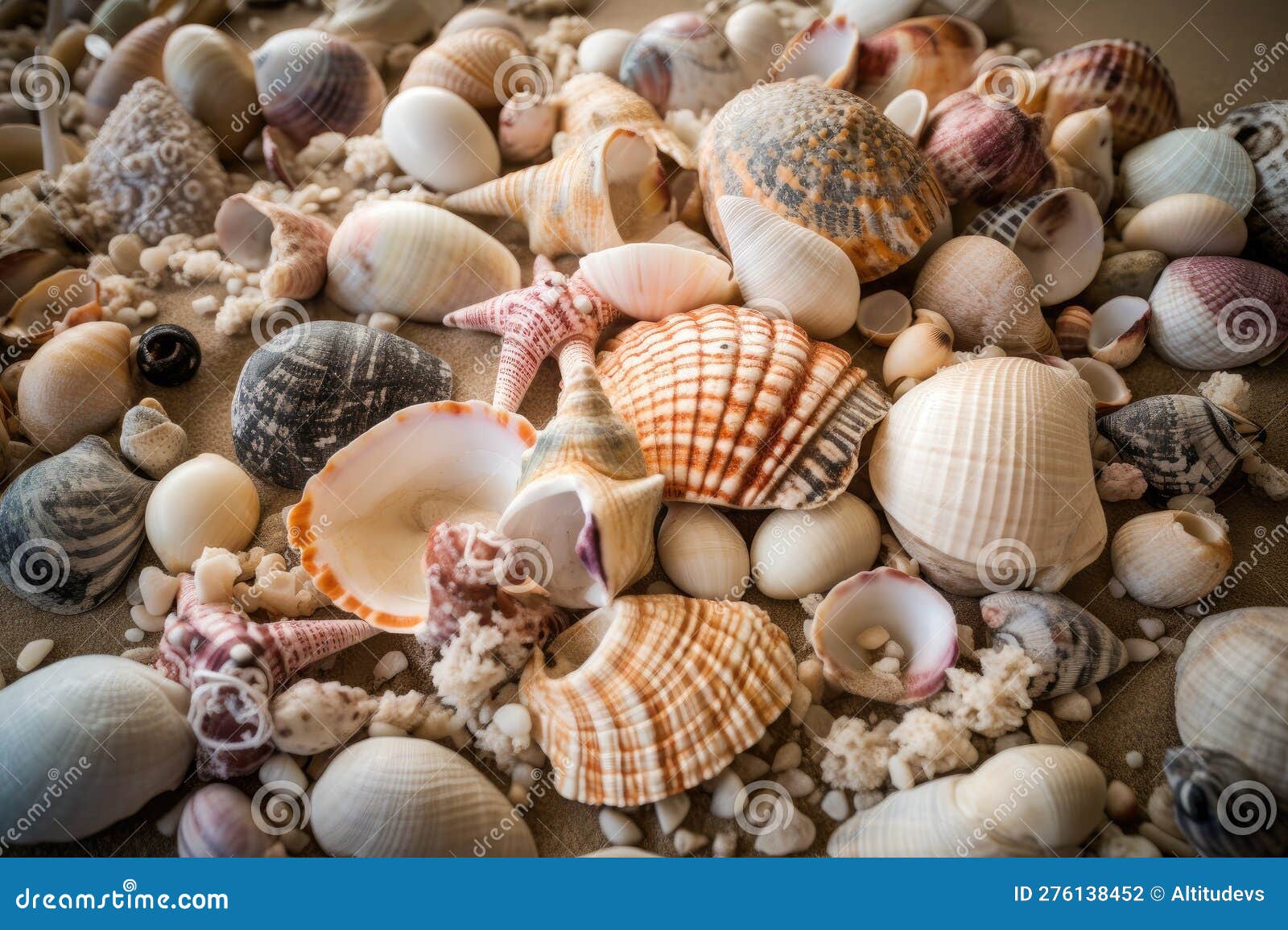 Close-up of Shells and Other Beachcombing Treasures Stock Illustration - Illustration of marine ...