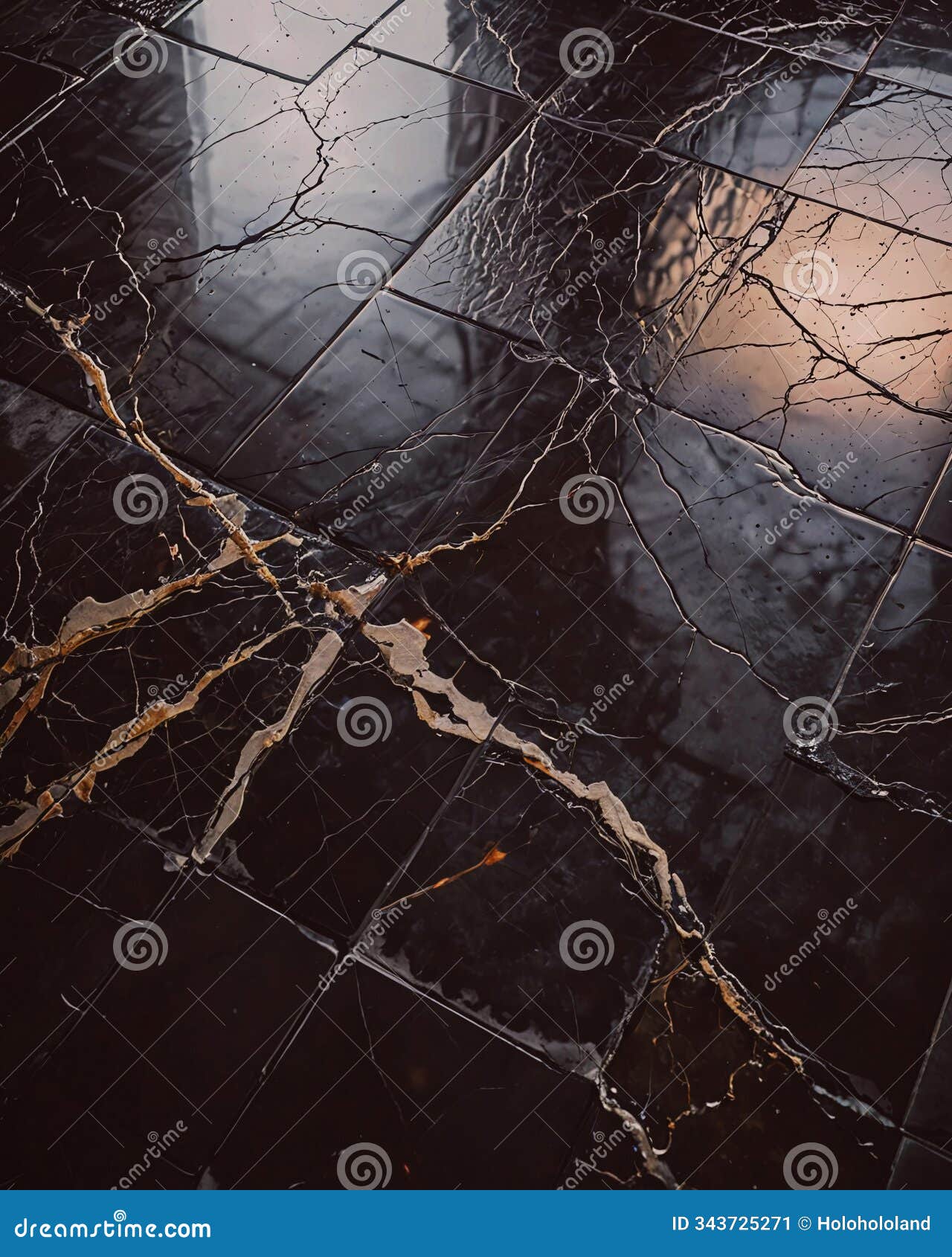 Close-up of a Shiny Black Tiled Floor Surface with Cracked Ivory ...
