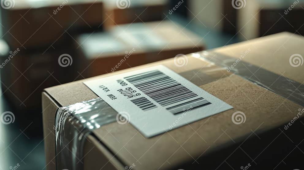 Close Up of Shipping Box with Barcode and Delivery Label Ready for ...