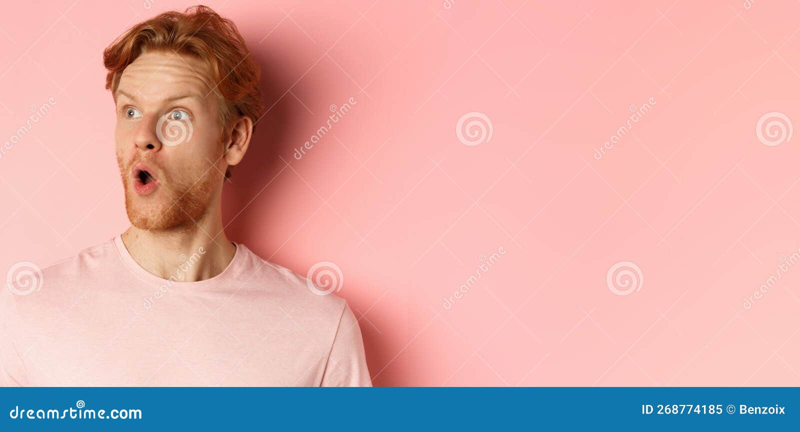 Close Up Of Shocked Redhead Man With Beard Saying Wow Looking Left