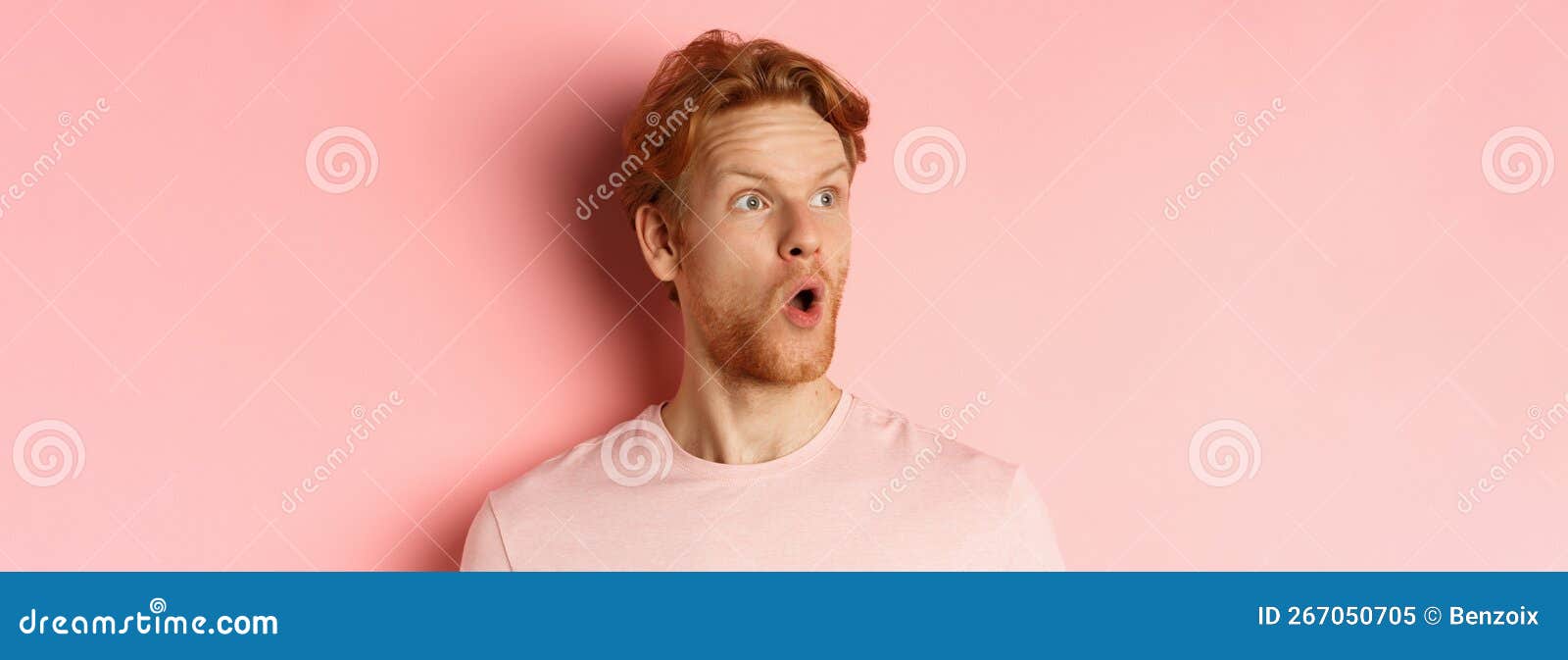 Close Up Of Shocked Redhead Man With Beard Saying Wow Looking Left