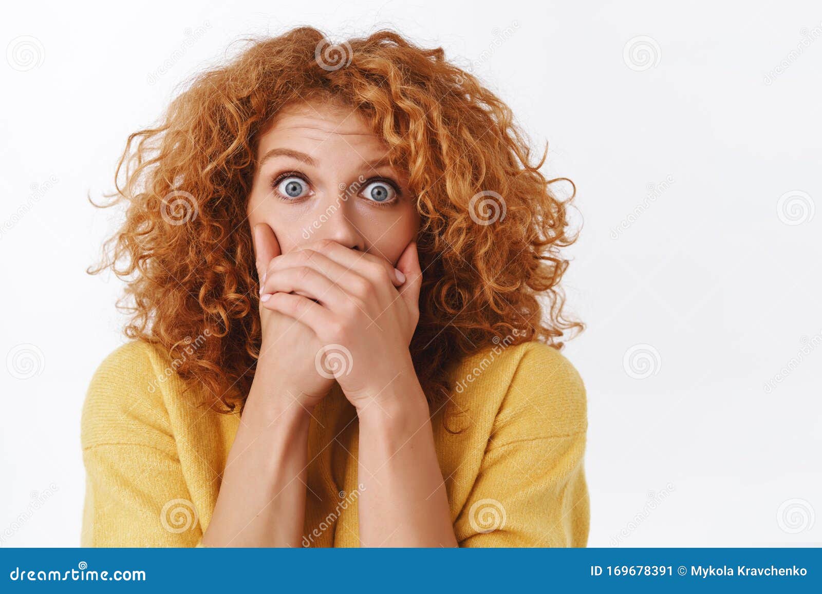 Close Up Shocked Or Scared Speechless Attractive Redhead Curly Woman