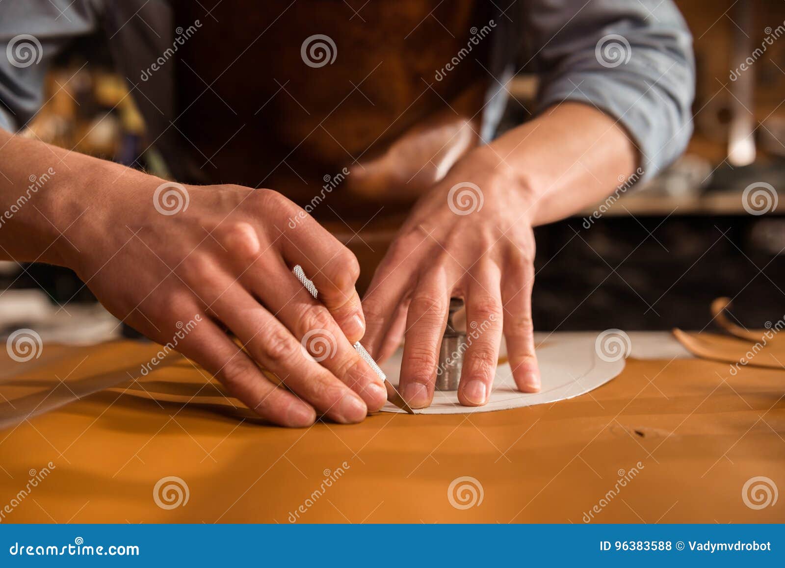 Close Up of a Shoemaker Cutting Leather Stock Photo - Image of creation ...