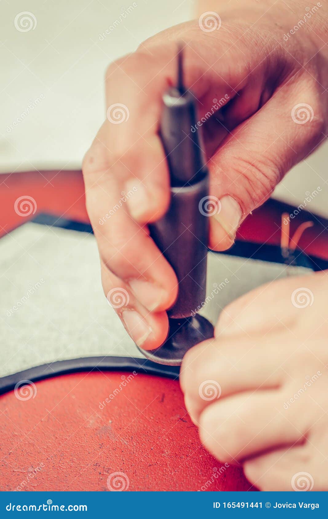 Close Up of a Shoemaker Hands Working with Leather Using Crafting Tools ...