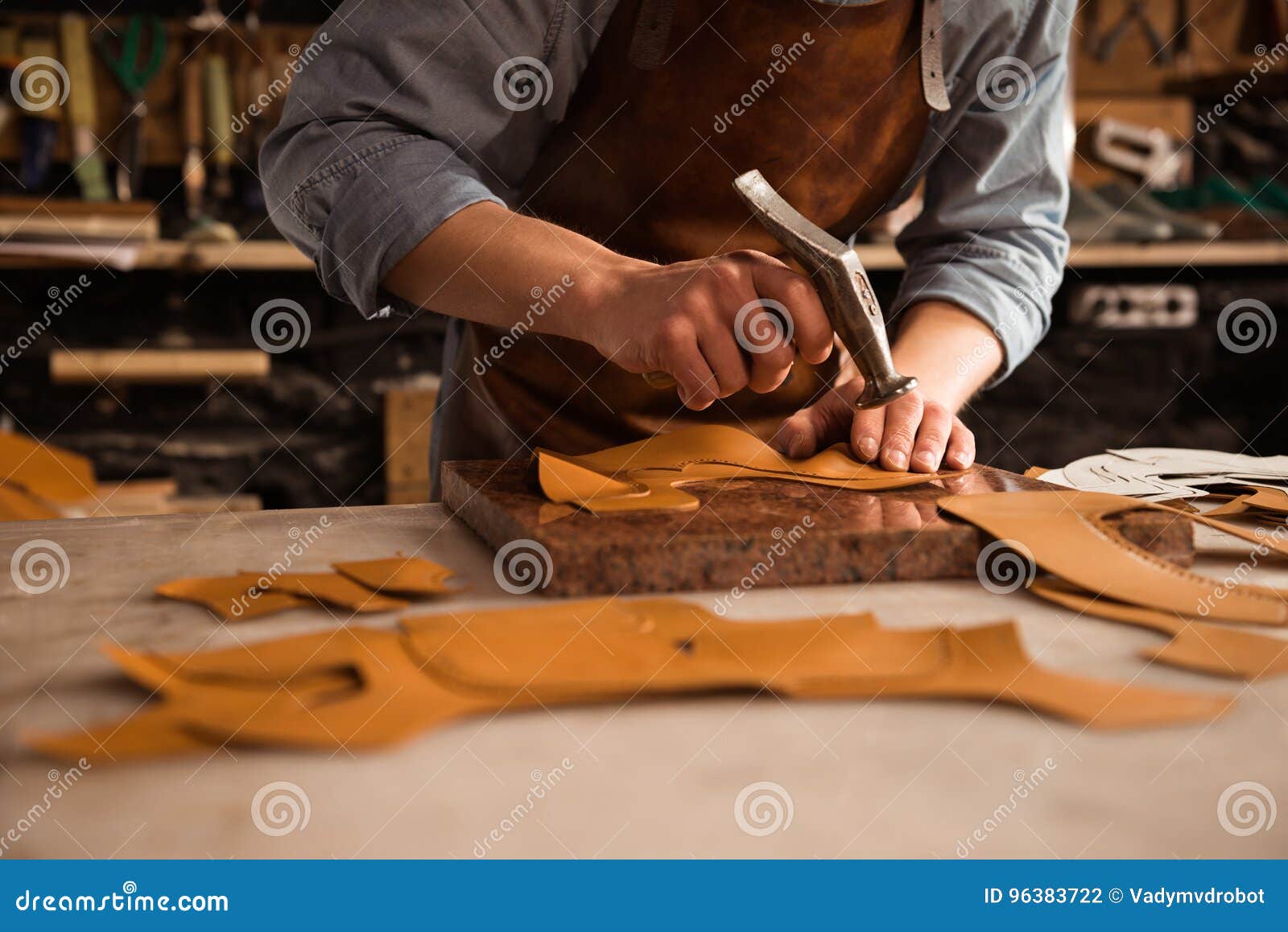 Close Up of a Shoemaker Man Working with Leather Stock Photo - Image of ...