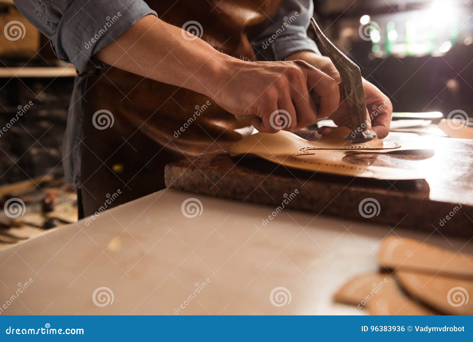 Close Up of a Shoemaker Man Working with Leather Stock Photo - Image of ...