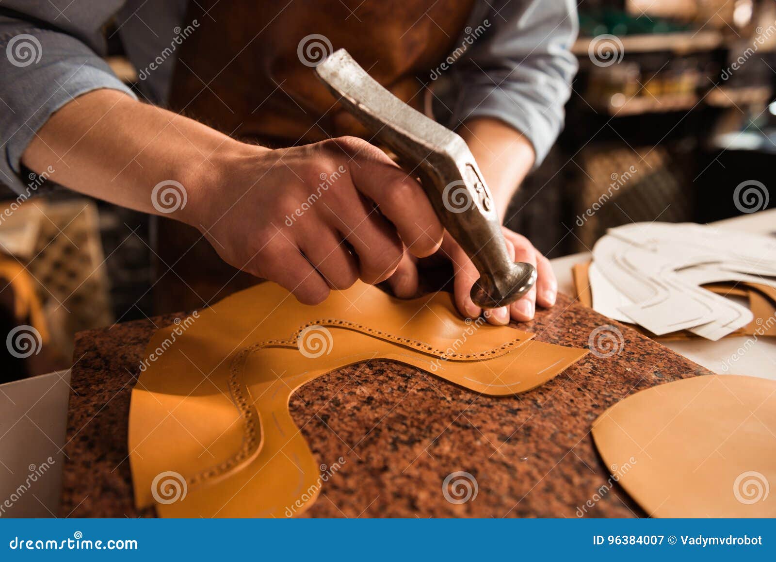 Close Up of a Shoemaker Man Working with Leather Stock Image - Image of ...