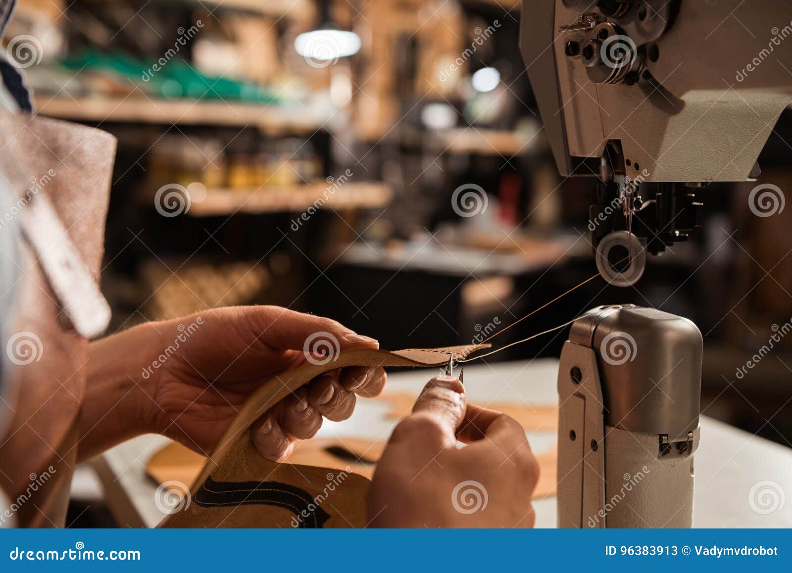 Close Up of a Shoemaker Using Sewing Machine Stock Image - Image of ...