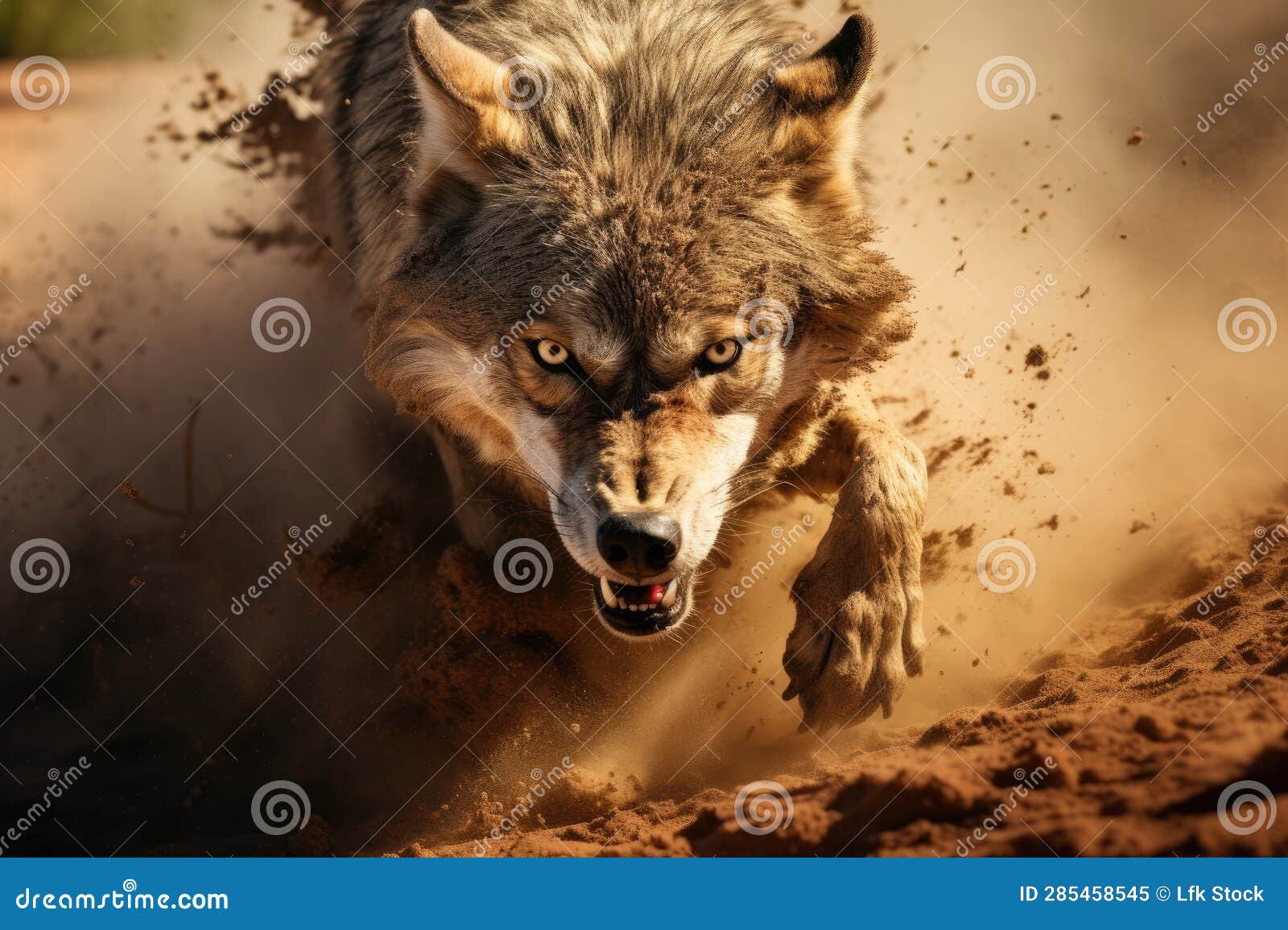 Close-up Shot of Angry Gray Wolf Running through Sand and Mud in Middle ...