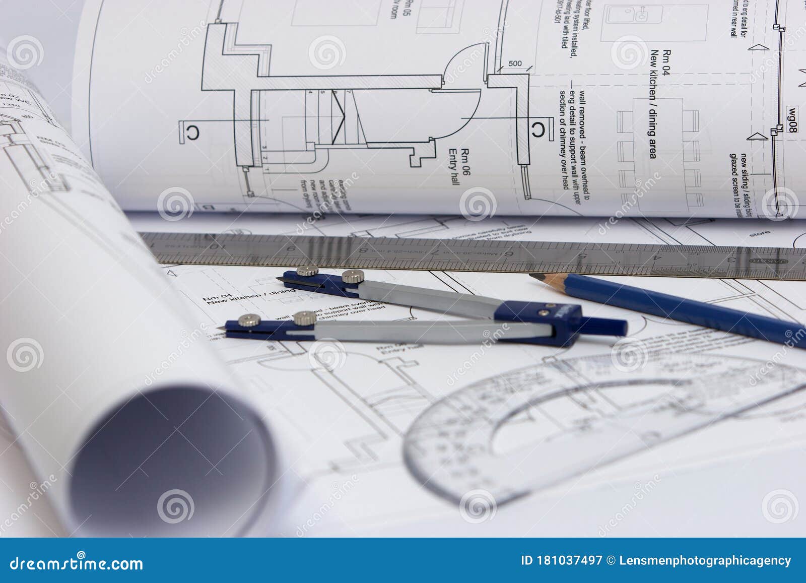 Close-up Shot of Blueprints Architects Tools Stock Image - Image of ...