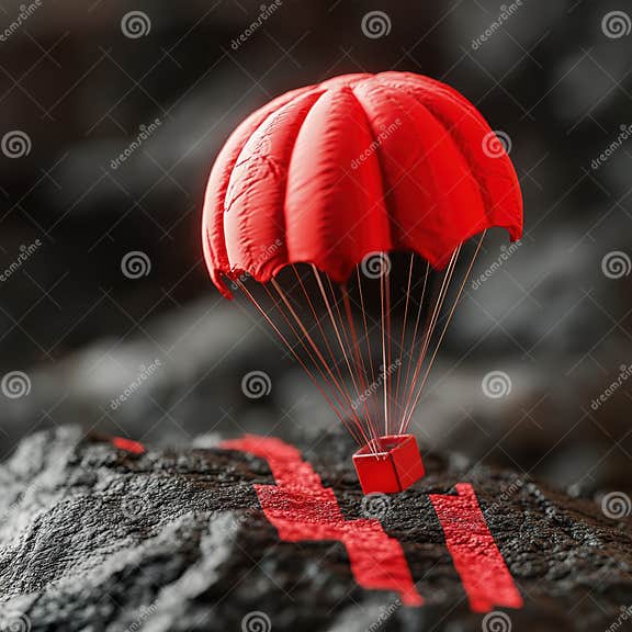 Small Red Parachute Delivering Package on Rugged Rocky Terrain with ... Small Red Parachute Delivering Package on Rugged Rocky Terrain with ...