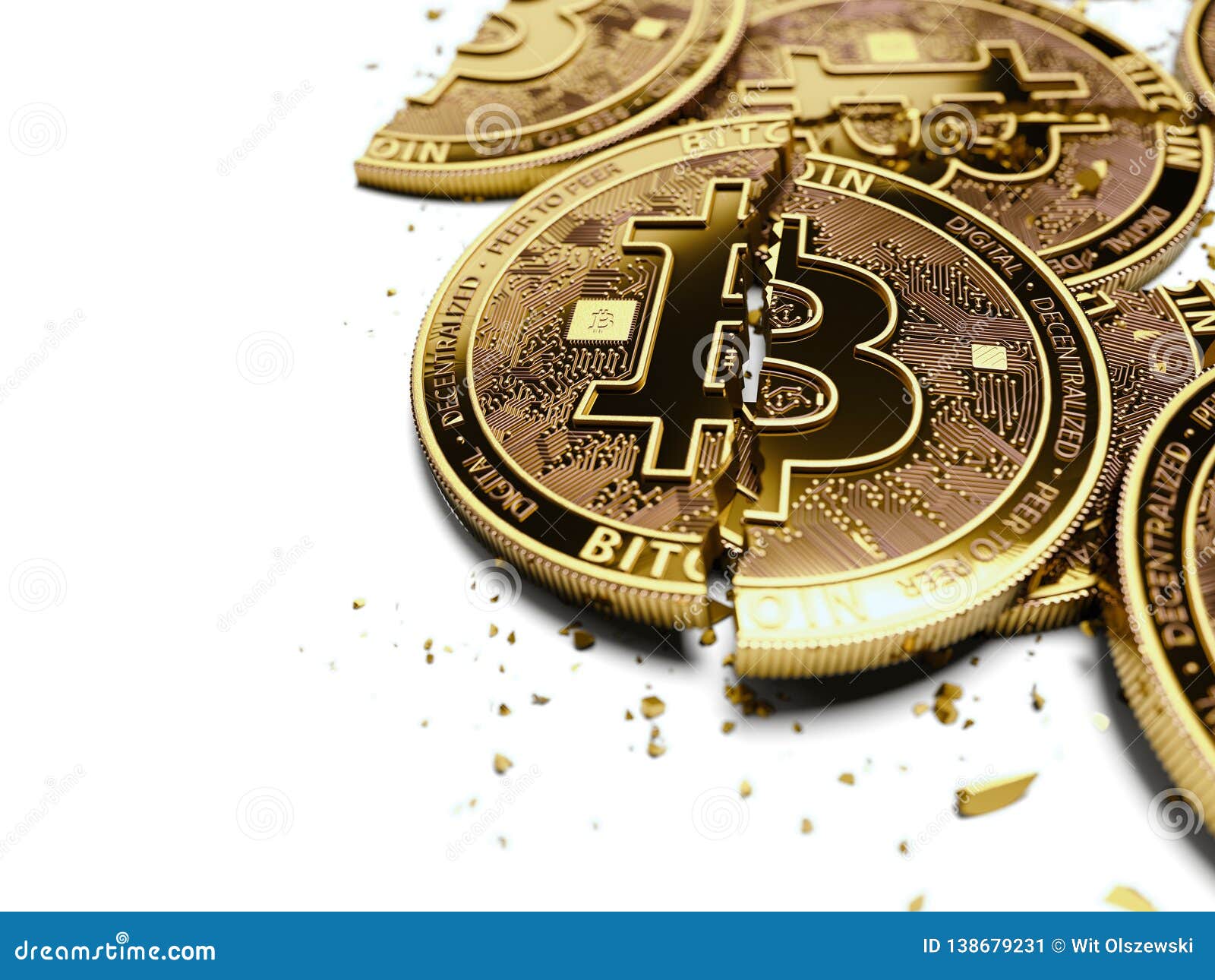 Close-up Shot on Broken or Cracked Bitcoin Coins Laying on White ...