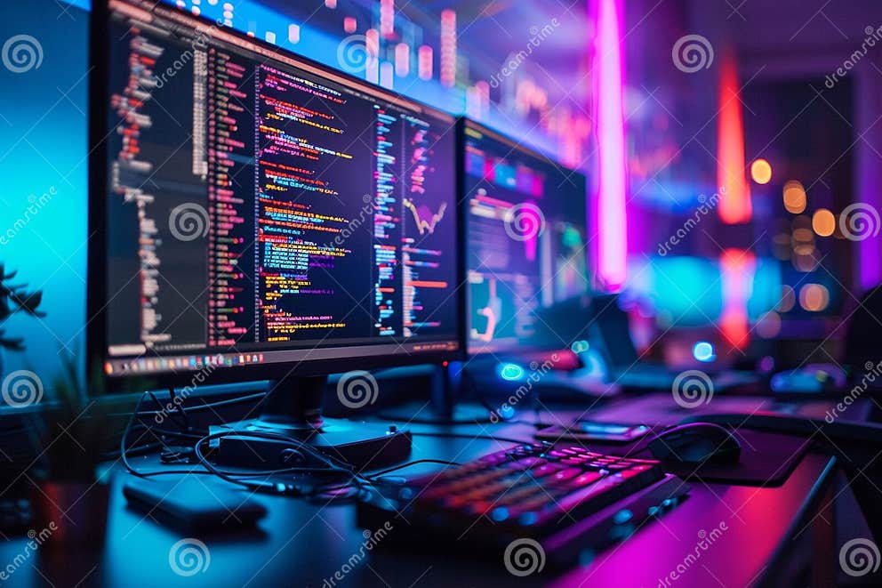 Closeup of a Desktop Computer with Code on the Screen Stock ...