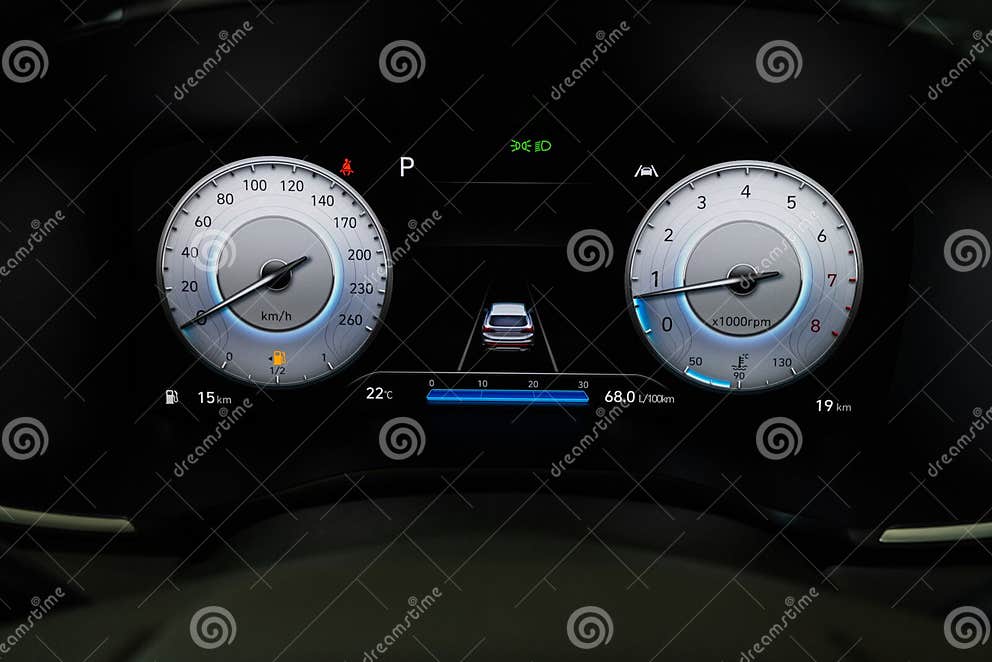 Close Up Shot of Digital Speedometer in Modern Car Console. Stock Photo ...
