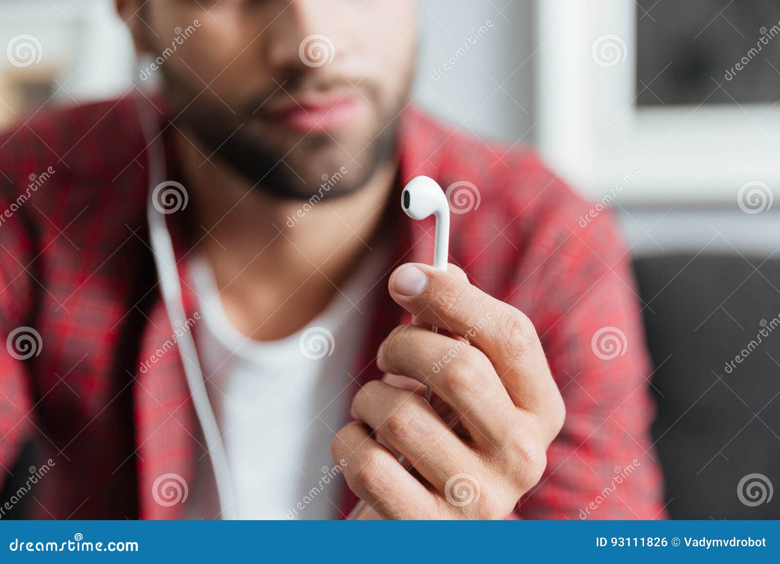 Close Up Shot of Earphone in Man`s Hand Stock Photo - Image of arms ...