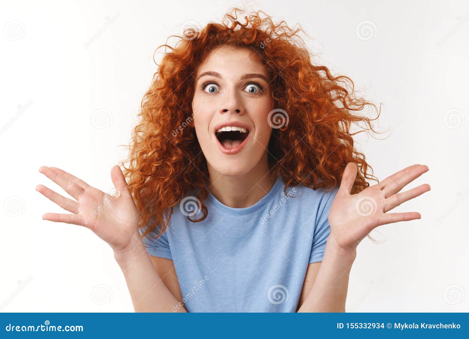 Close Up Shot Emotive Attractive Redhead Curly Haired Woman Raising