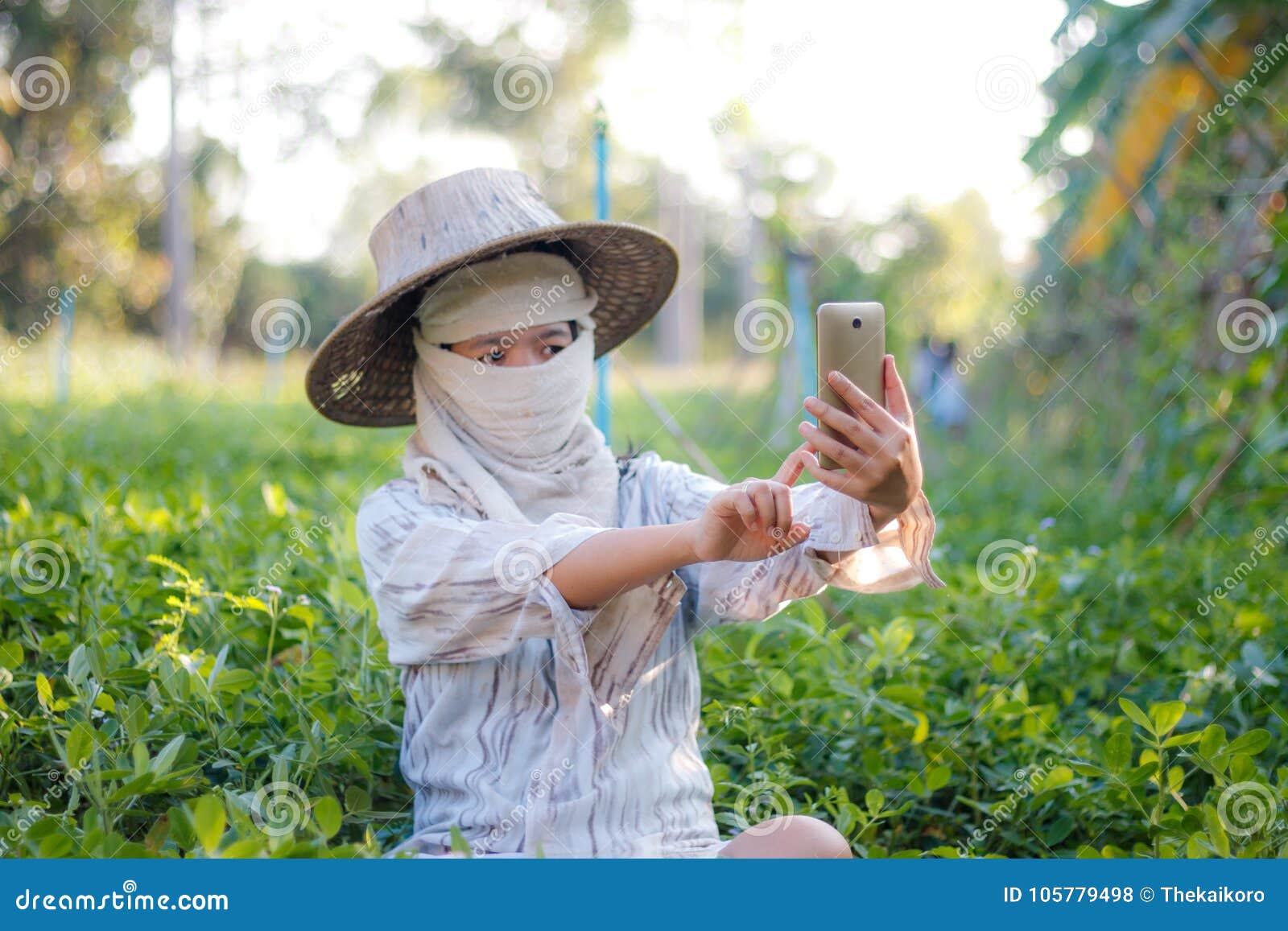 Close Up Shot Farmer Using Mobile Smartphone in the Nature Farm Stock ...